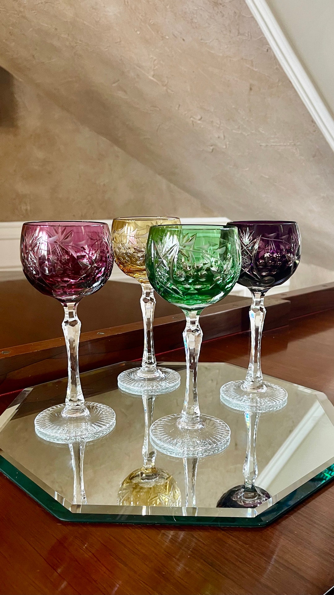 Bohemian Set of 4 Hand Cut Color Cut to Clear Crystal Marsala Pattern ...