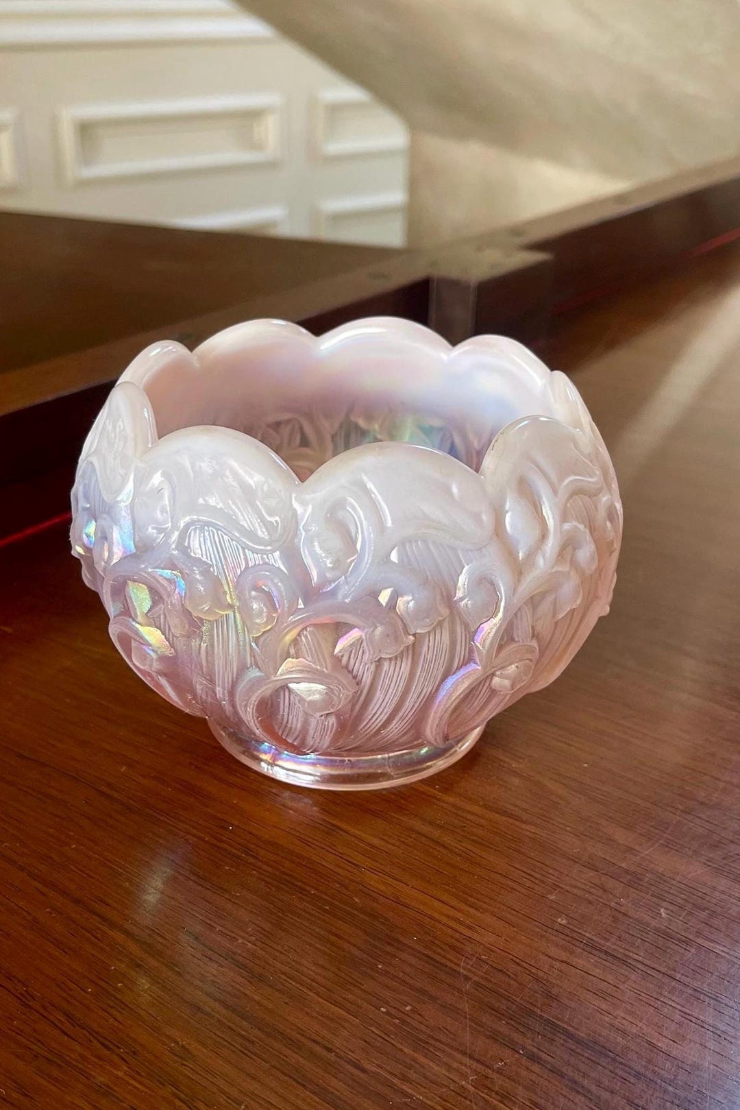 Fenton Lily of the Valley Pearlescent Pink Rose Bowl; Iridescent Pink ...