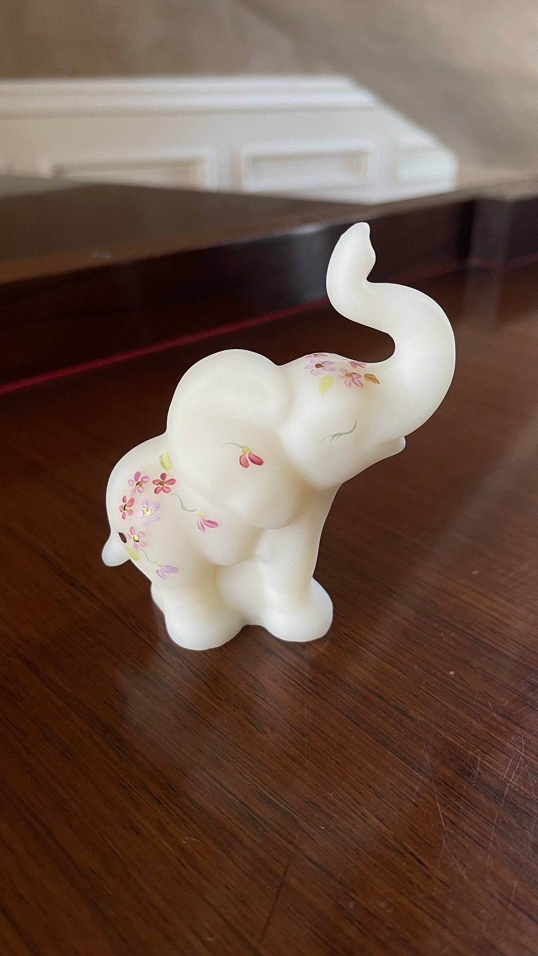 Fenton Satin Glass Hand Painted Elephant; Fenton Glass Elephant Trunk ...