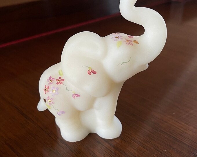 Fenton Satin Glass Hand Painted Elephant; Fenton Glass Elephant Trunk ...