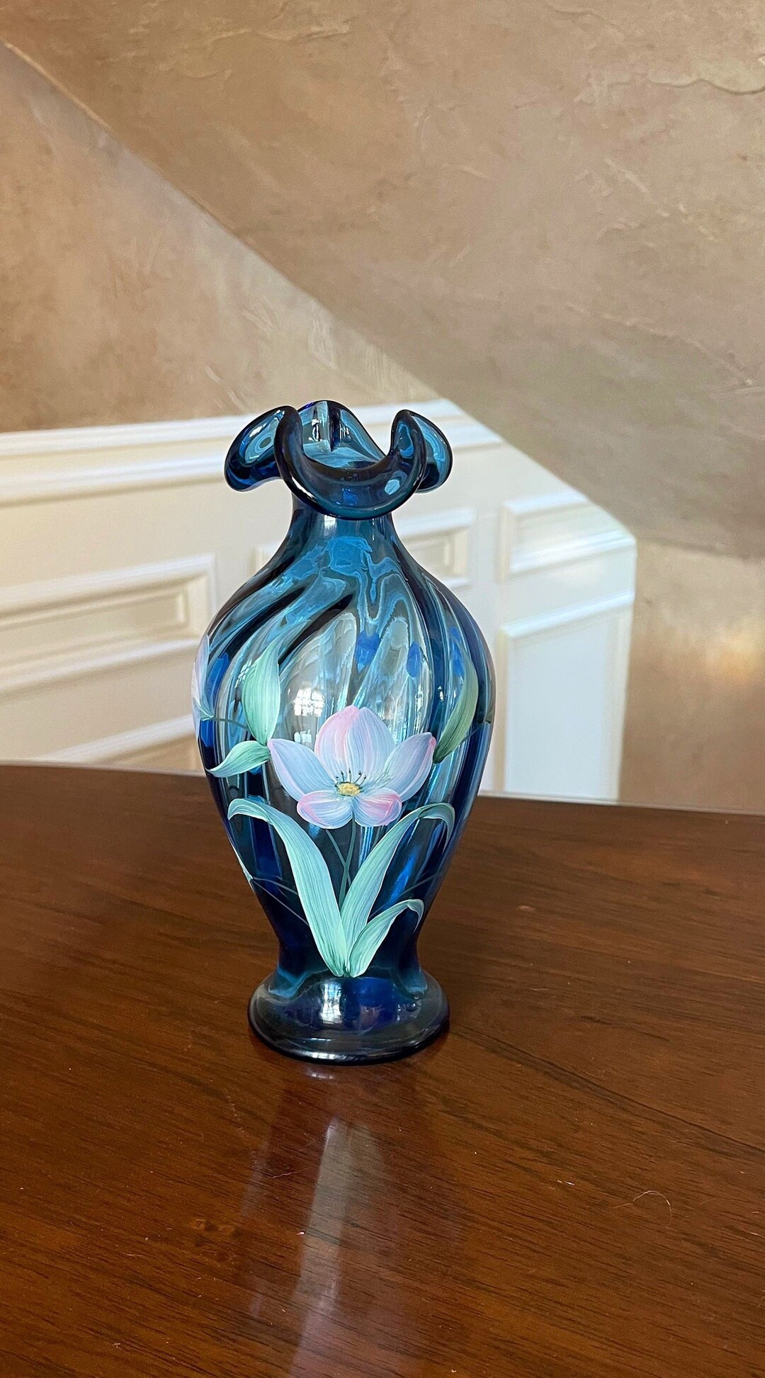 Fenton Glass Twilight Blue Tulips 8” Vase Hand Painted by D. Robinson ...