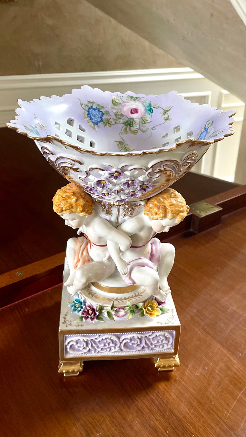 Large Dresden Style Cherubs Hand Painted Porcelain Centerpiece; Marked ...
