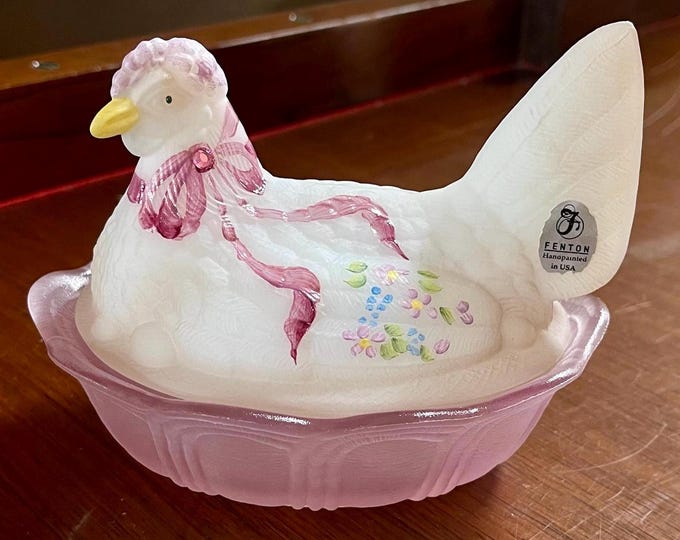 Fenton Hand Painted Pink Bow Satin Glass Hen on the Nest; Vintage ...