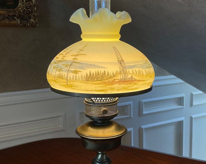 Rare Fenton Satin Uranium Glass Handpainted Oil Derrick Lamp; Fenton ...