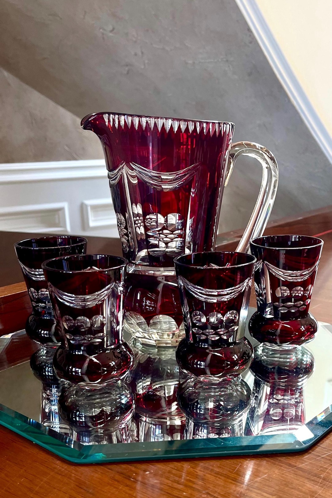 Ruby Cut to Clear Crystal Water Pitcher With Four Glasses - Etsy