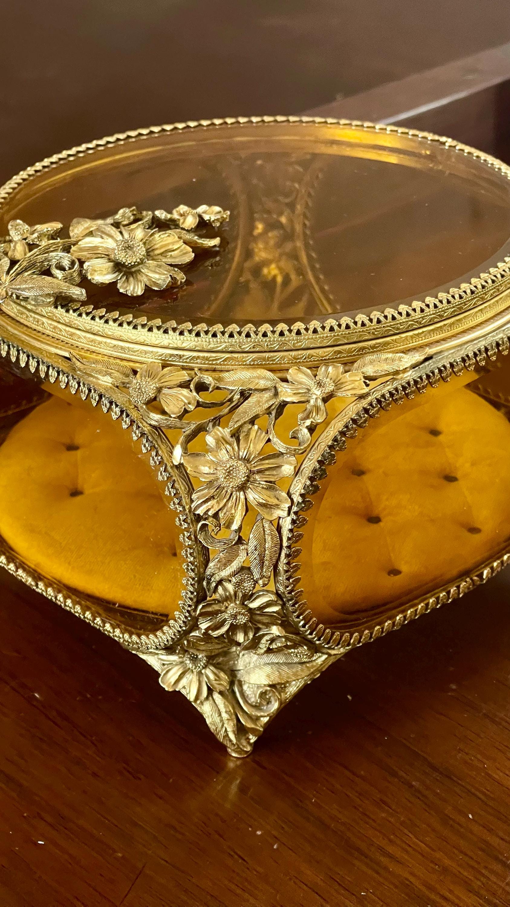 Matson Brass Filigree Dogwood Amber Beveled Glass Jewelry Box; Vintage ...