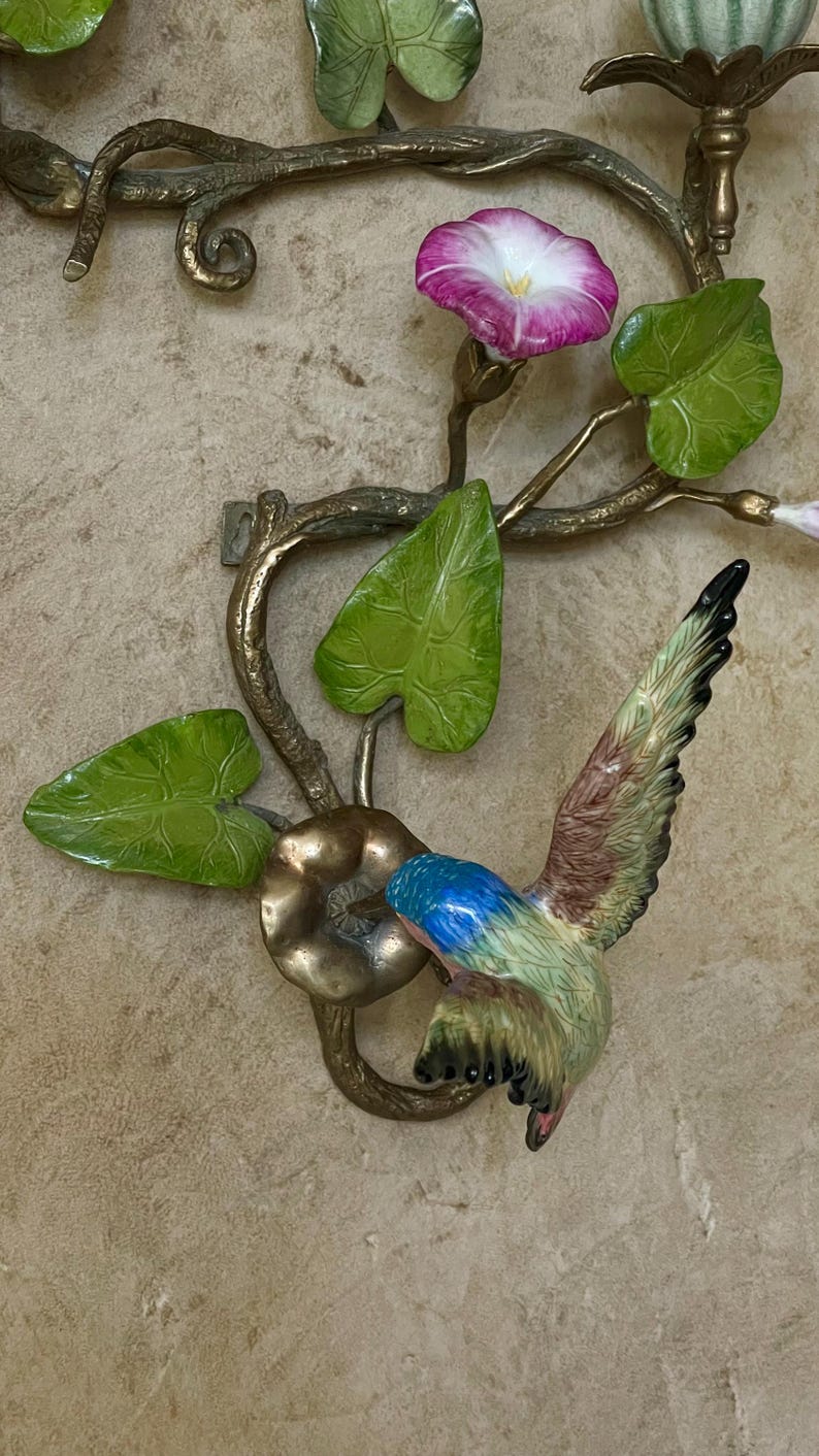 Brass Ormolu and Handpainted Porcelain Hummingbird Wall Sconce ...