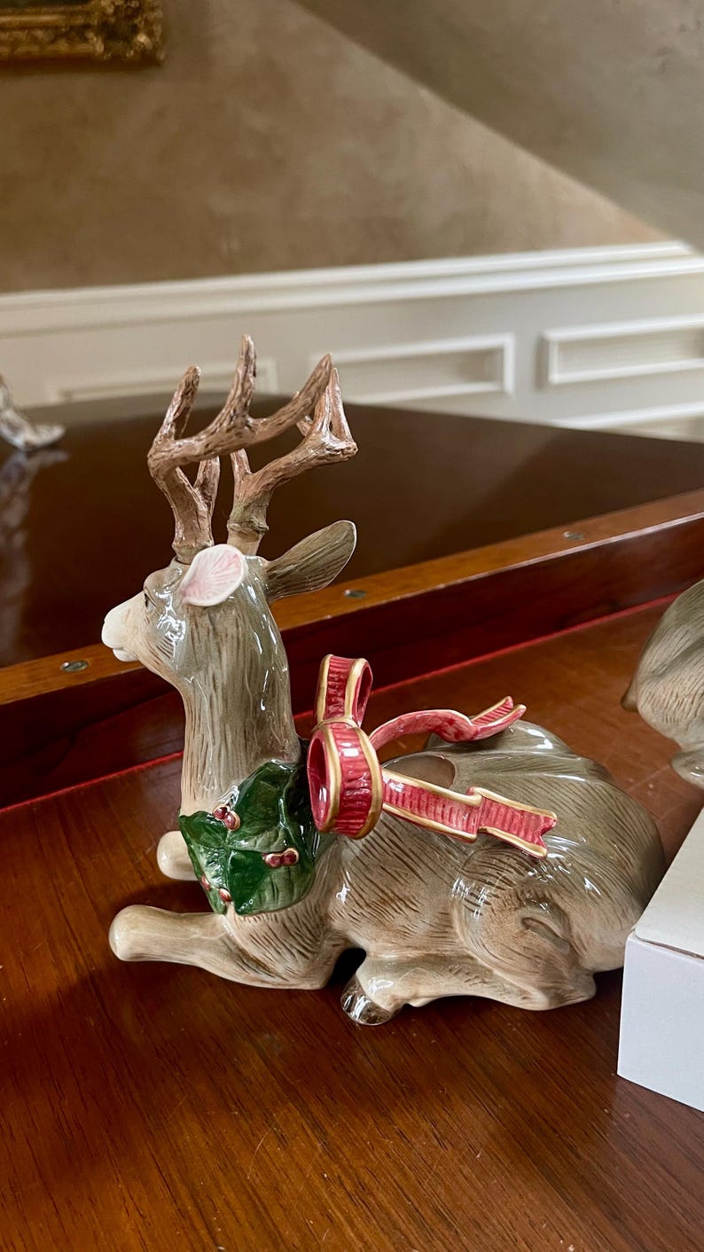 Fitz & Floyd “holiday Leaves” Reindeer PAIR Candleholders Centerpiece ...