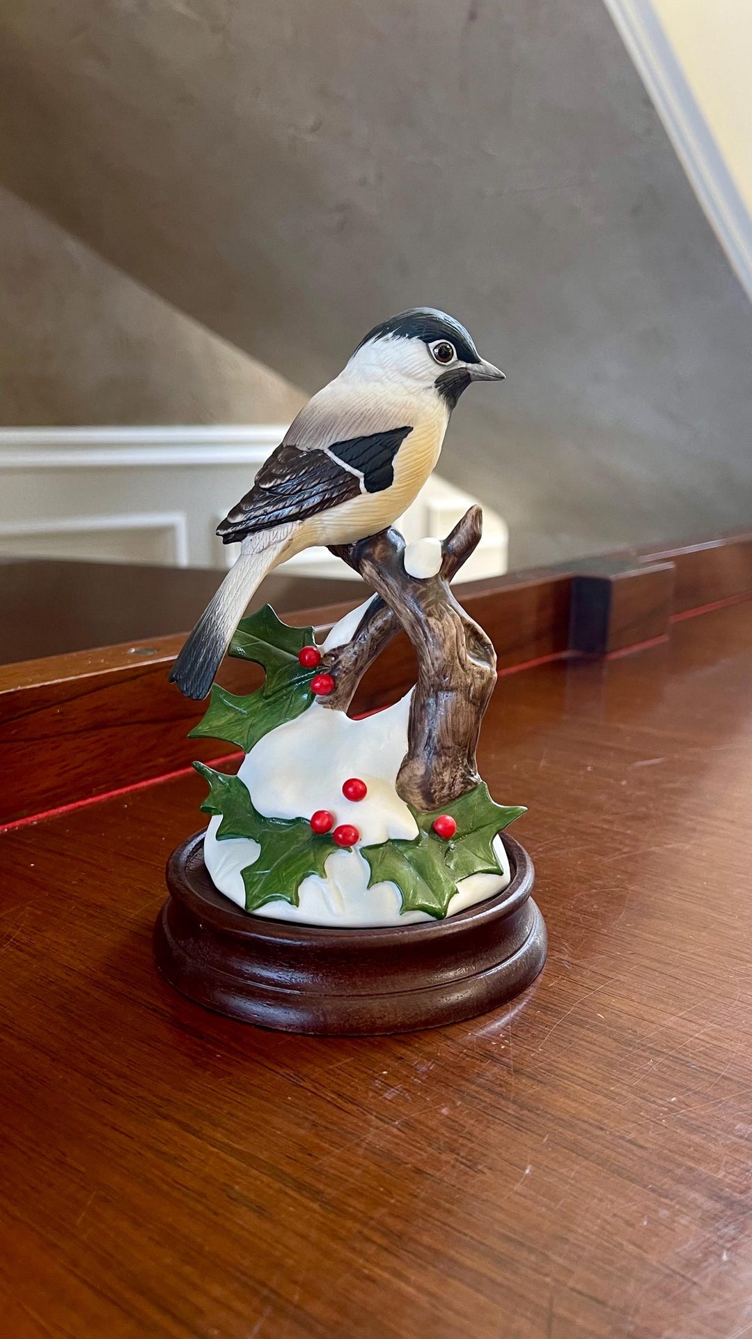 Andrea by Sadek Hand Painted Bisque Chickadee Bird Figurine With Wooden Base - Etsy