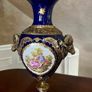 Pair of Cobalt Blue Sevres Style Urns 25” Tall With Brass Rams Head ...
