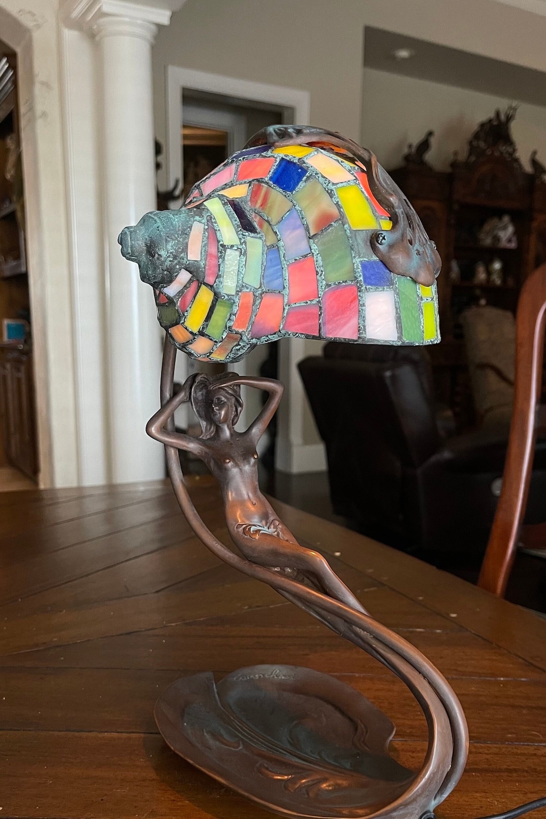 Bronze Art Nouveau Lamp With Nautilus Tiffany Style Shade; Stained ...
