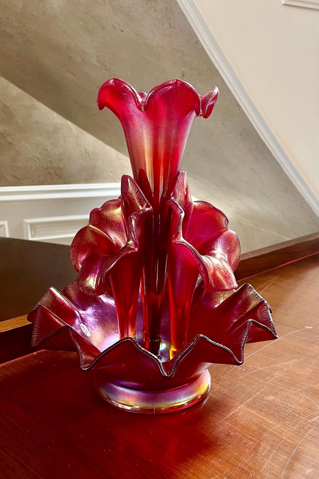 Fenton Ruby Red Amberina Stretch Glass Jack in the Pulpit Four Horn Epergne; Fenton Tulip Vase ...