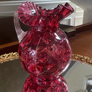 Antique Vintage Fenton Deep Cranberry Coin Dot Thumbprint 9.5 Glass Water Pitcher Ruffle Edge ...