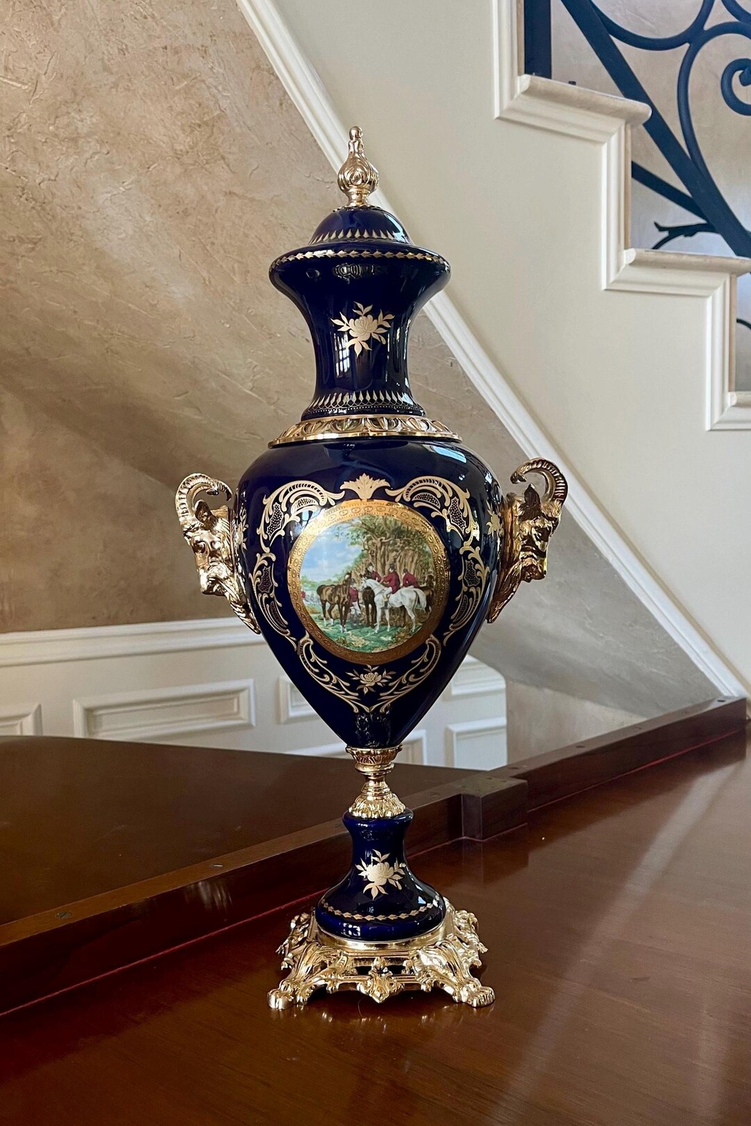 Cobalt Blue Sevres Style Urn 22” Tall With Brass Rams Head Ormolu ...