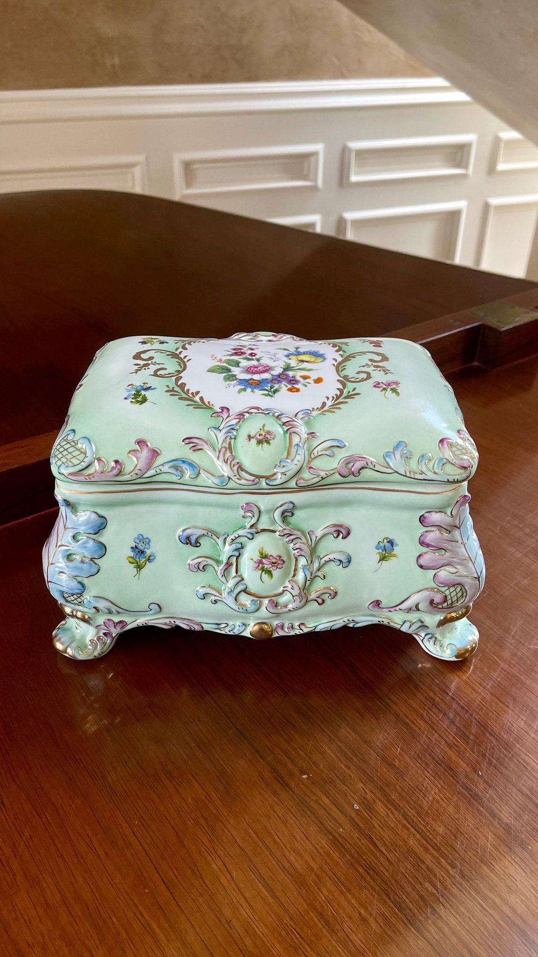 Very Large Porcelain Jewelry Box; Dresden Style Porcelain Box Marked R ...