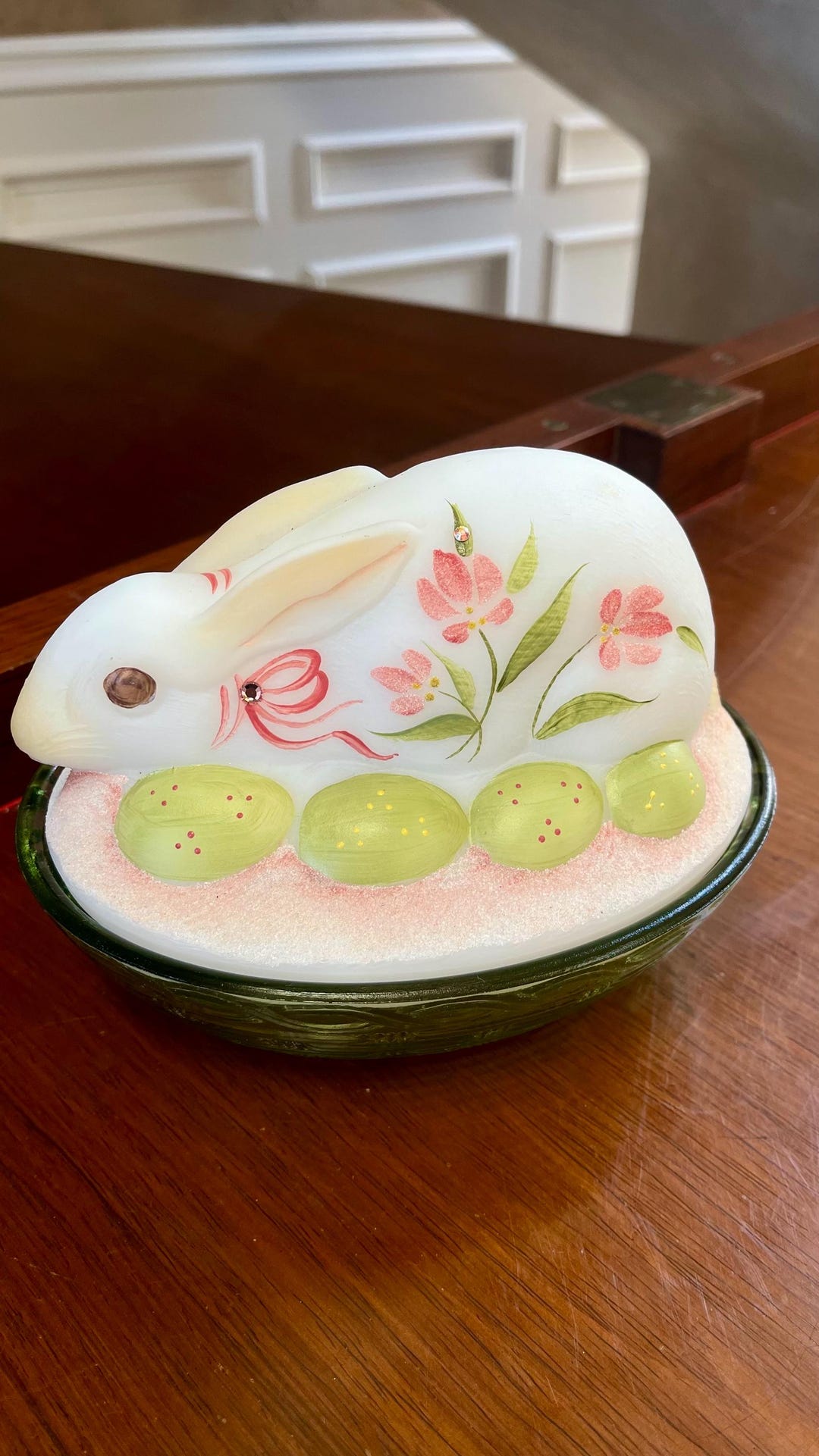 Fenton Hand Painted Satin Glass Covered Dish Bunny Rabbit on the Nest ...