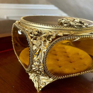 Matson Brass Filigree Dogwood Amber Beveled Glass Jewelry Box; Vintage ...