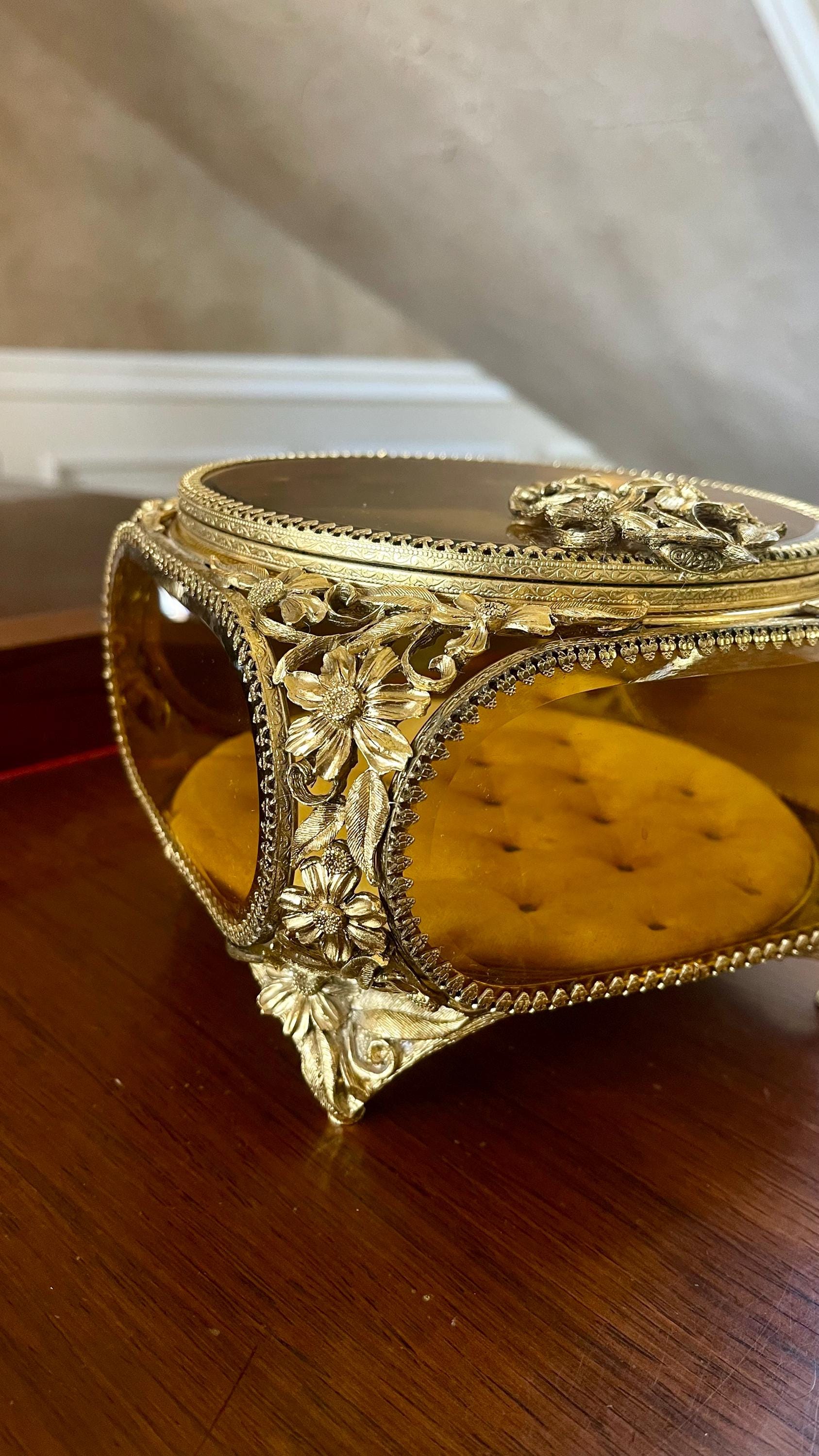 Matson Brass Filigree Dogwood Amber Beveled Glass Jewelry Box; Vintage ...