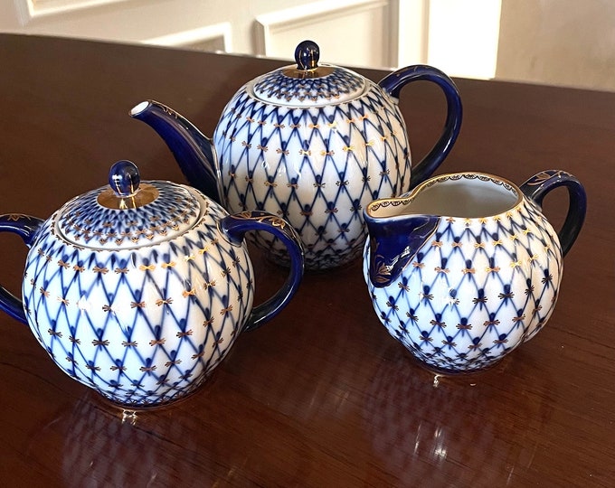 Russian Imperial Lomonosov Porcelain Cobalt Net 3 Cup Teapot With Cream ...