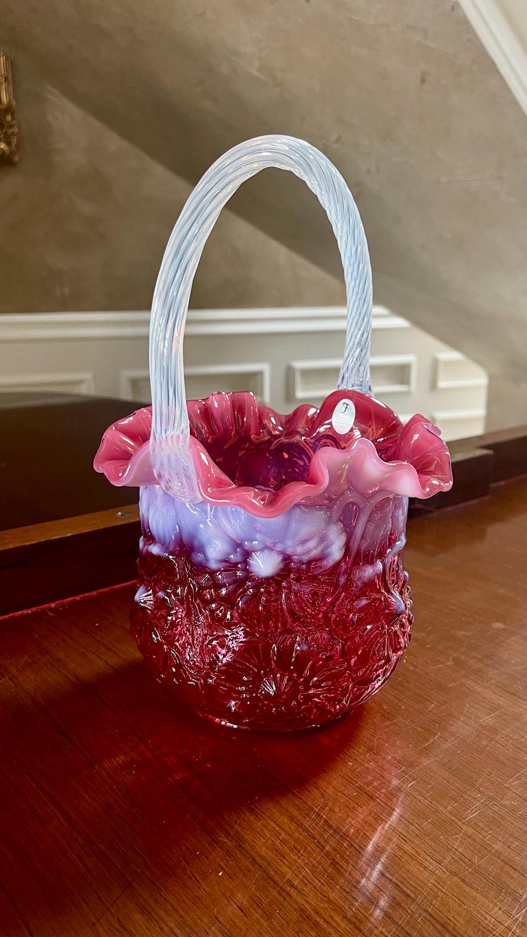 Fenton 11” Cranberry Opalescent Poppy Basket; Large Fenton Basket - Etsy