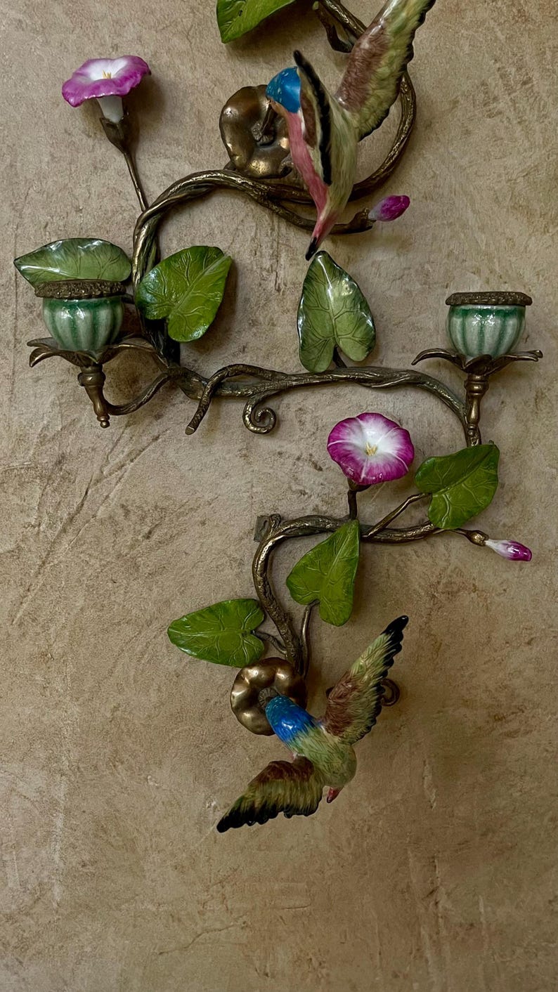 Brass Ormolu and Handpainted Porcelain Hummingbird Wall Sconce ...