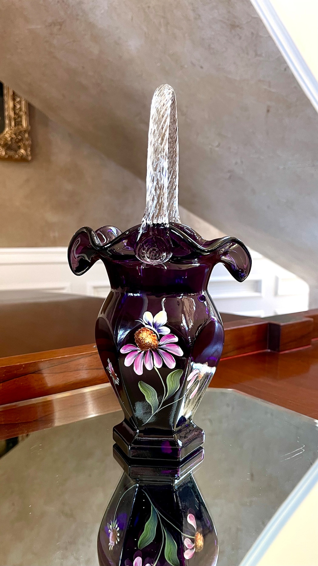 Rare Fenton Art Glass 11” Royal Purple Hand Painted Butterfly Basket ...