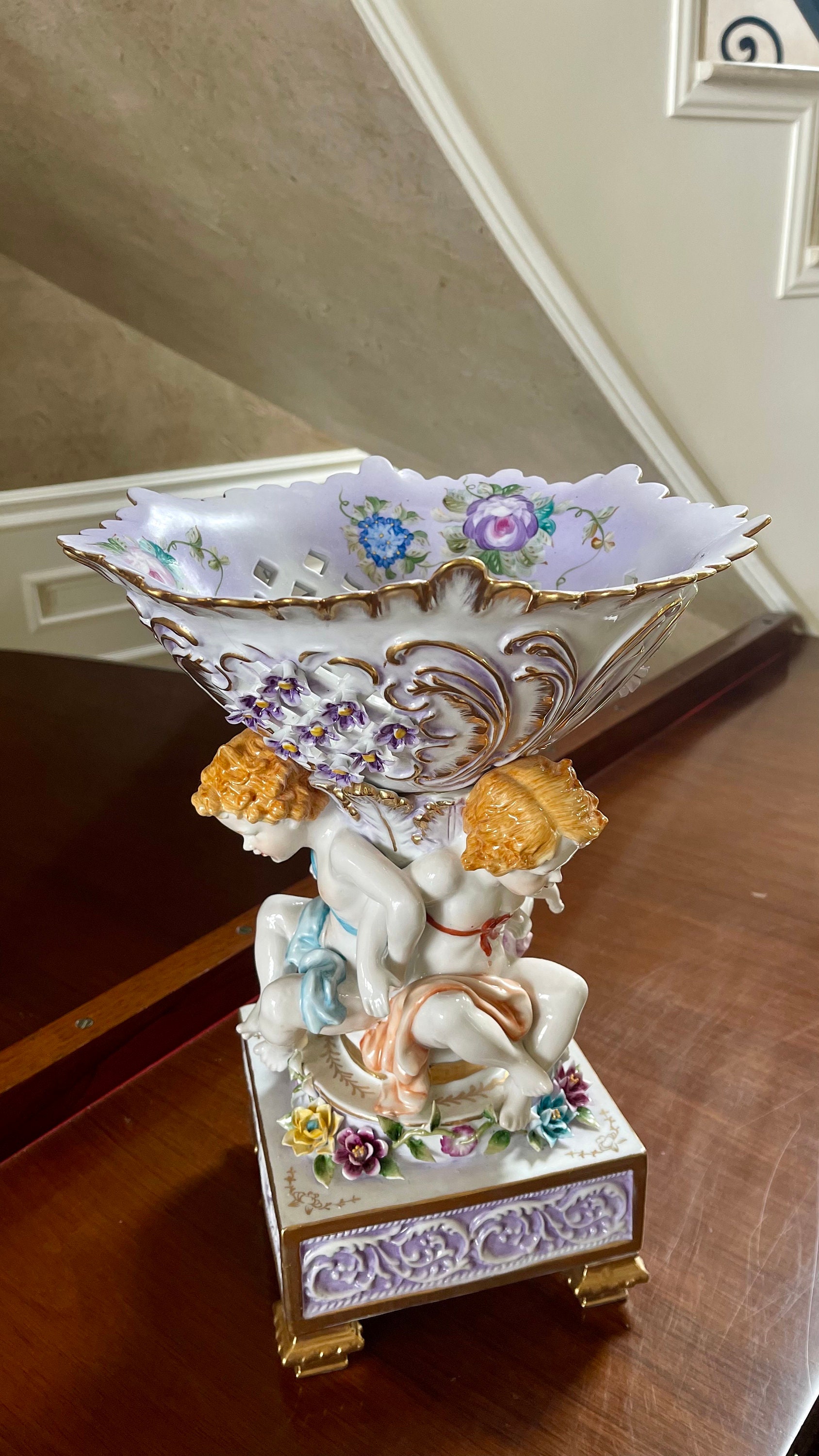 Large Dresden Style Cherubs Hand Painted Porcelain Centerpiece; Marked ...