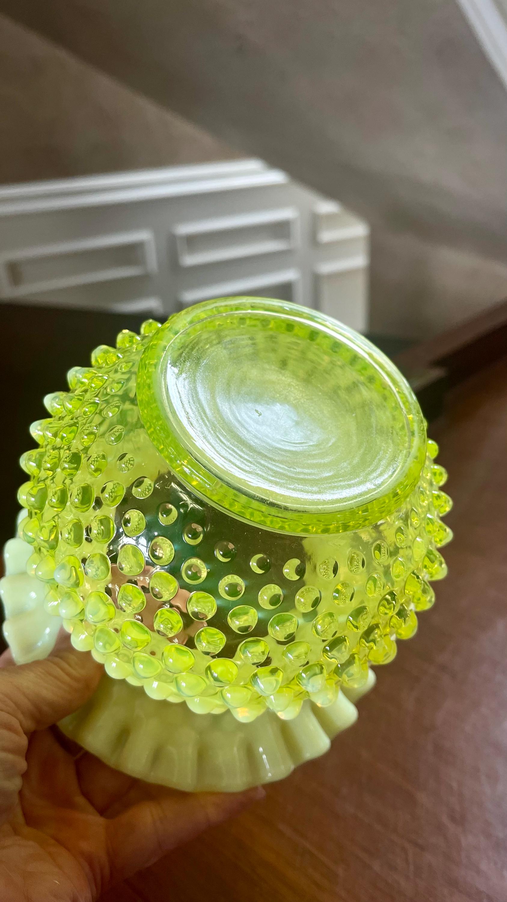 Fenton Uranium Vaseline Glass Rose Bowl; Fenton Uranium Glass Hobnail ...