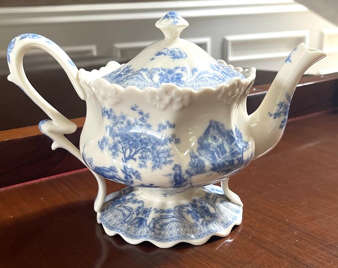 Country French Scene Teapot Blue Porcelain Teapot - Etsy