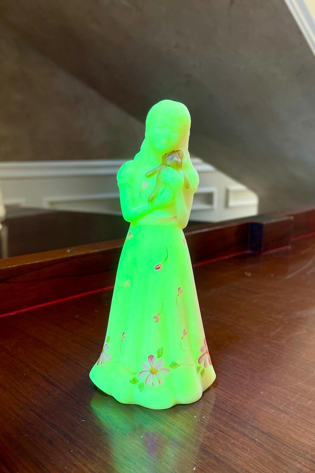 Fenton Uranium Burmese Glass Figurine Girl With Teddy Bear Hand Painted ...