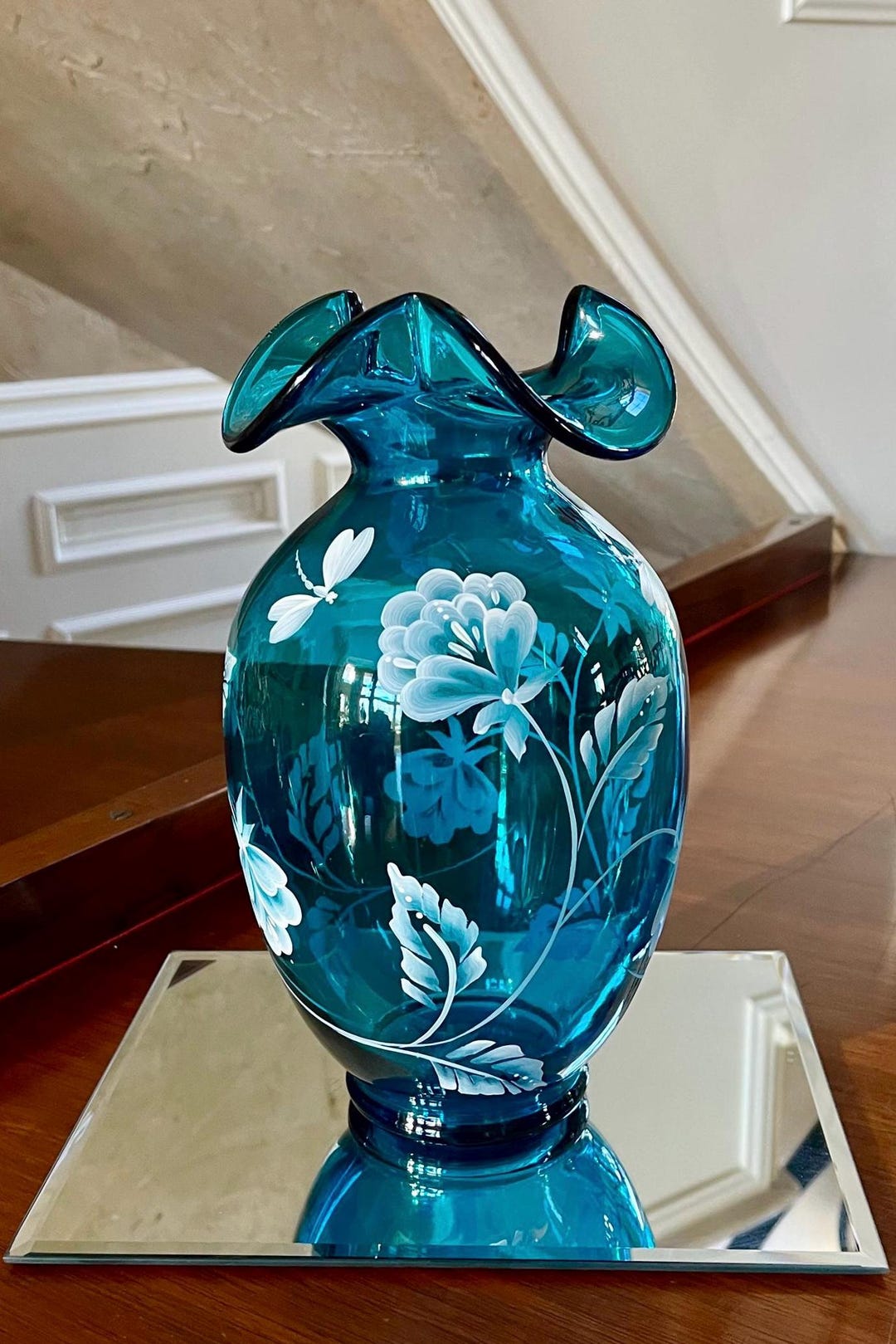 Bill Fenton Memorial Vase 1923-2002; Fenton Art Glass Turquoise Blue ...