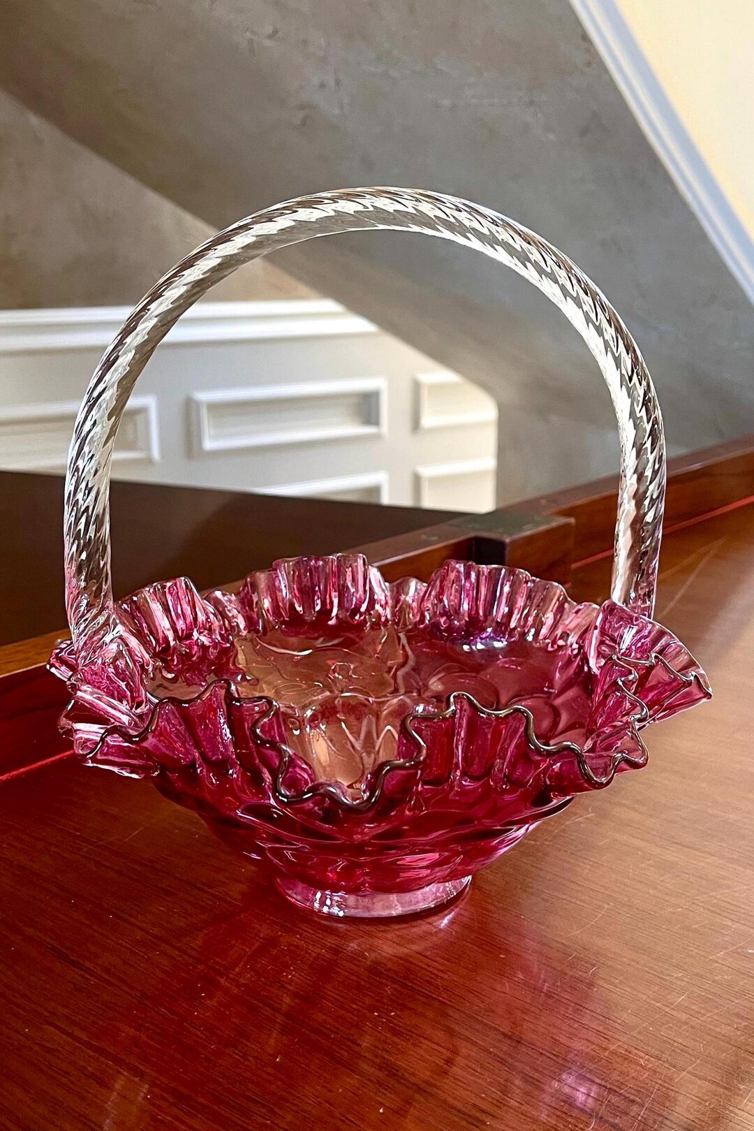 Beautiful Fenton Cranberry Glass Basket - Etsy