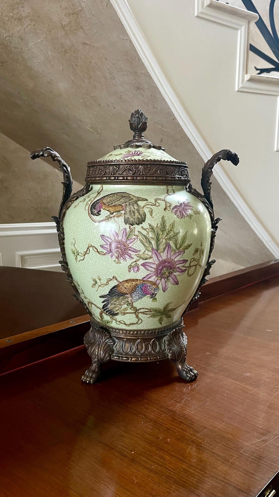 Beautiful Wong Lee 17” Bronze Ormolu Handpainted Porcelain Bird Urn Covered Jar - Etsy