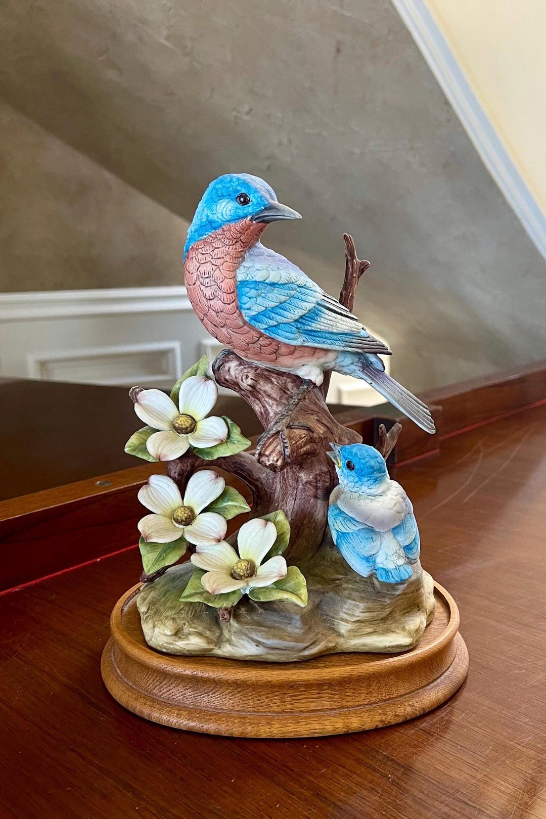 Andrea by Sadek Blue Bird and Baby Bird Figurine With Wooden Base - Etsy