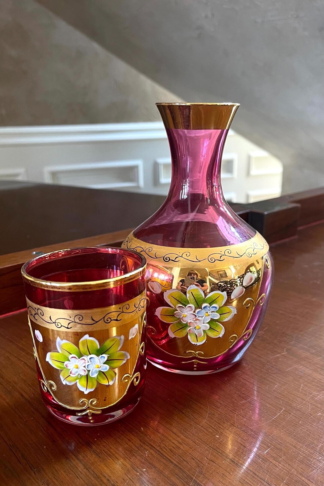 Vintage Bohemian Glass Hand Painted Tumble up Water Set - Etsy