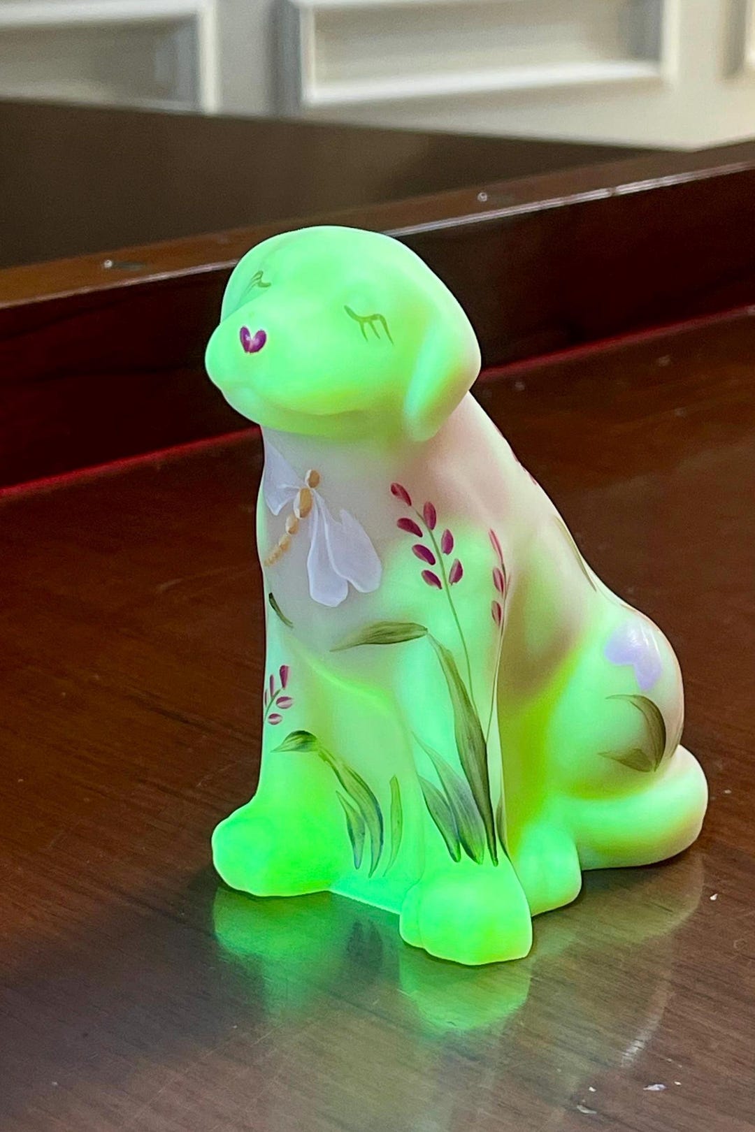 Fenton Limited Edition Burmese Uranium Glass Hand Painted Dog Figurine ...