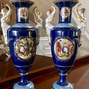 Large Pair Cbalt Blue Rococo Style Hand Painted Porcelain 18” Vases - Etsy