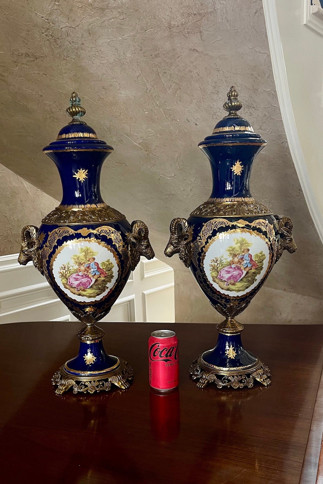 Pair of Cobalt Blue Sevres Style Urns 25” Tall With Brass Rams Head ...