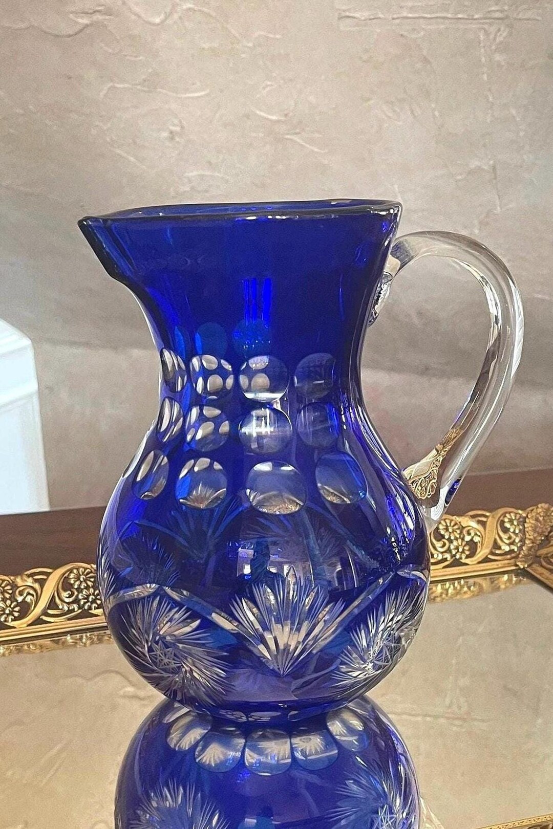 Cobalt Blue Cut to Clear Crystal 9” Water Pitcher - Etsy