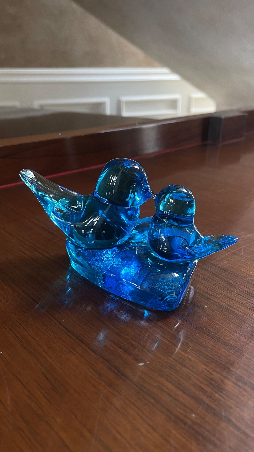 Ward 1995 Art Glass Large Double Blue Bird of Happiness Mom and Baby ...