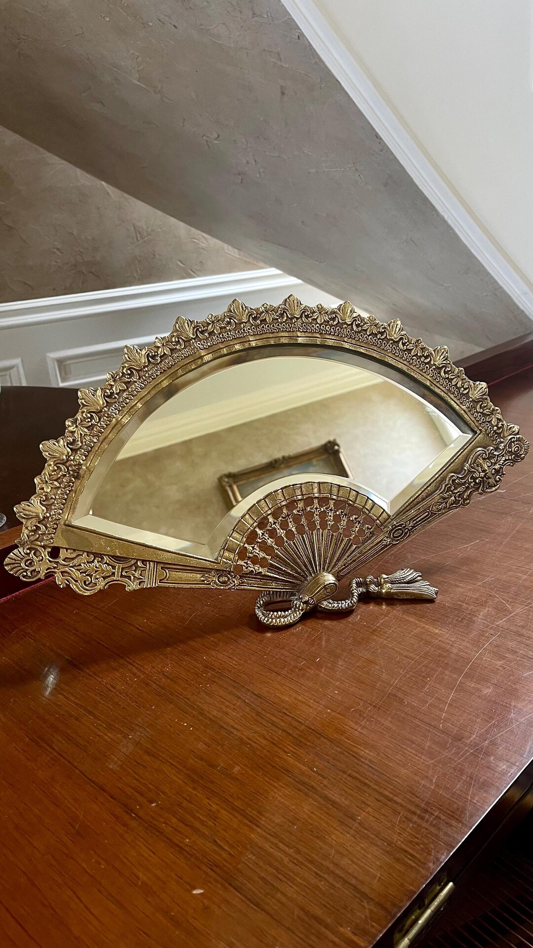 Vintage Ornate Brass Fan Shaped Table Mirror; Hollywood Regency Mirror ...