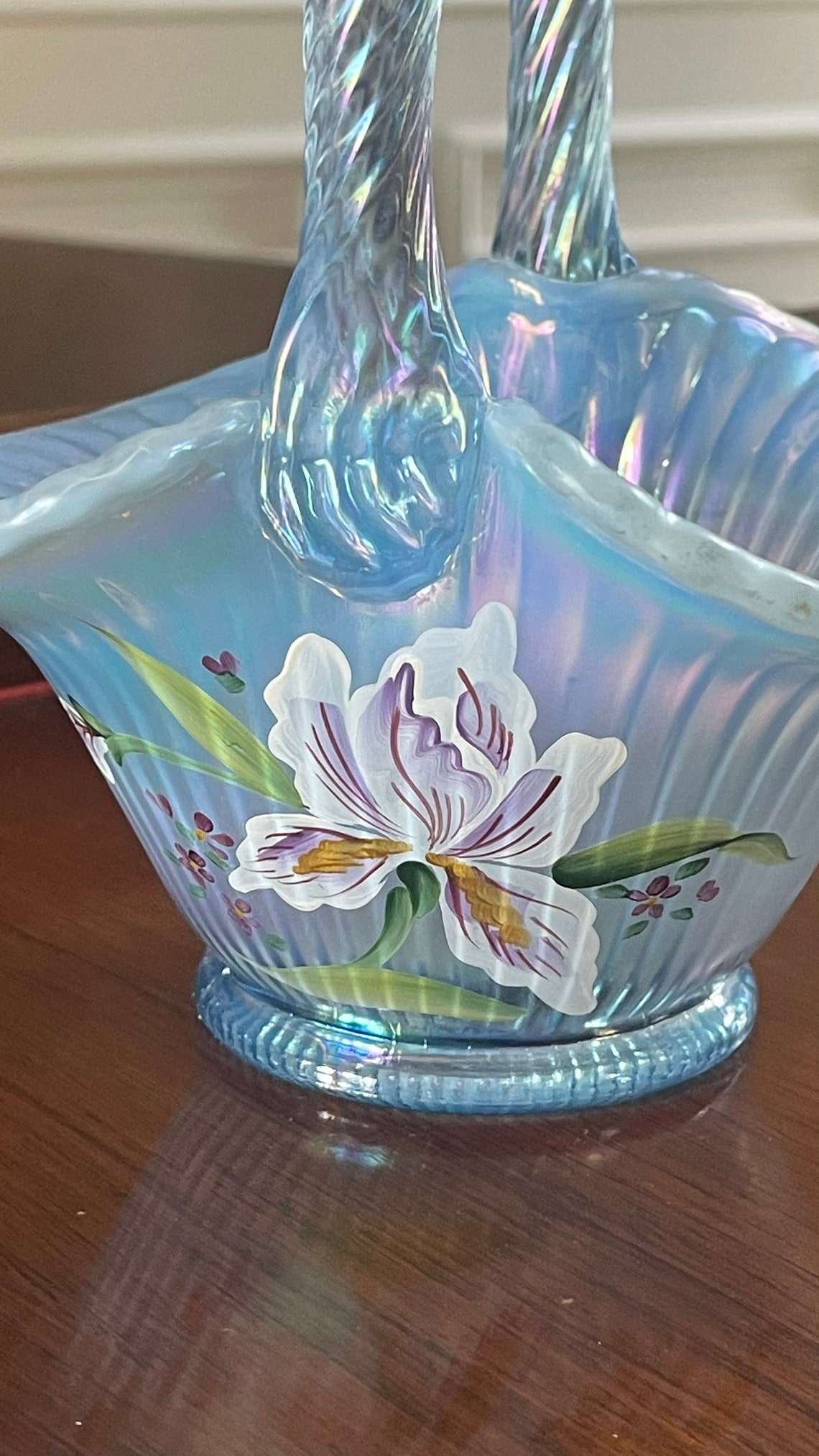 Fenton Glass Hand Painted Blue Iridescent Basket - Etsy