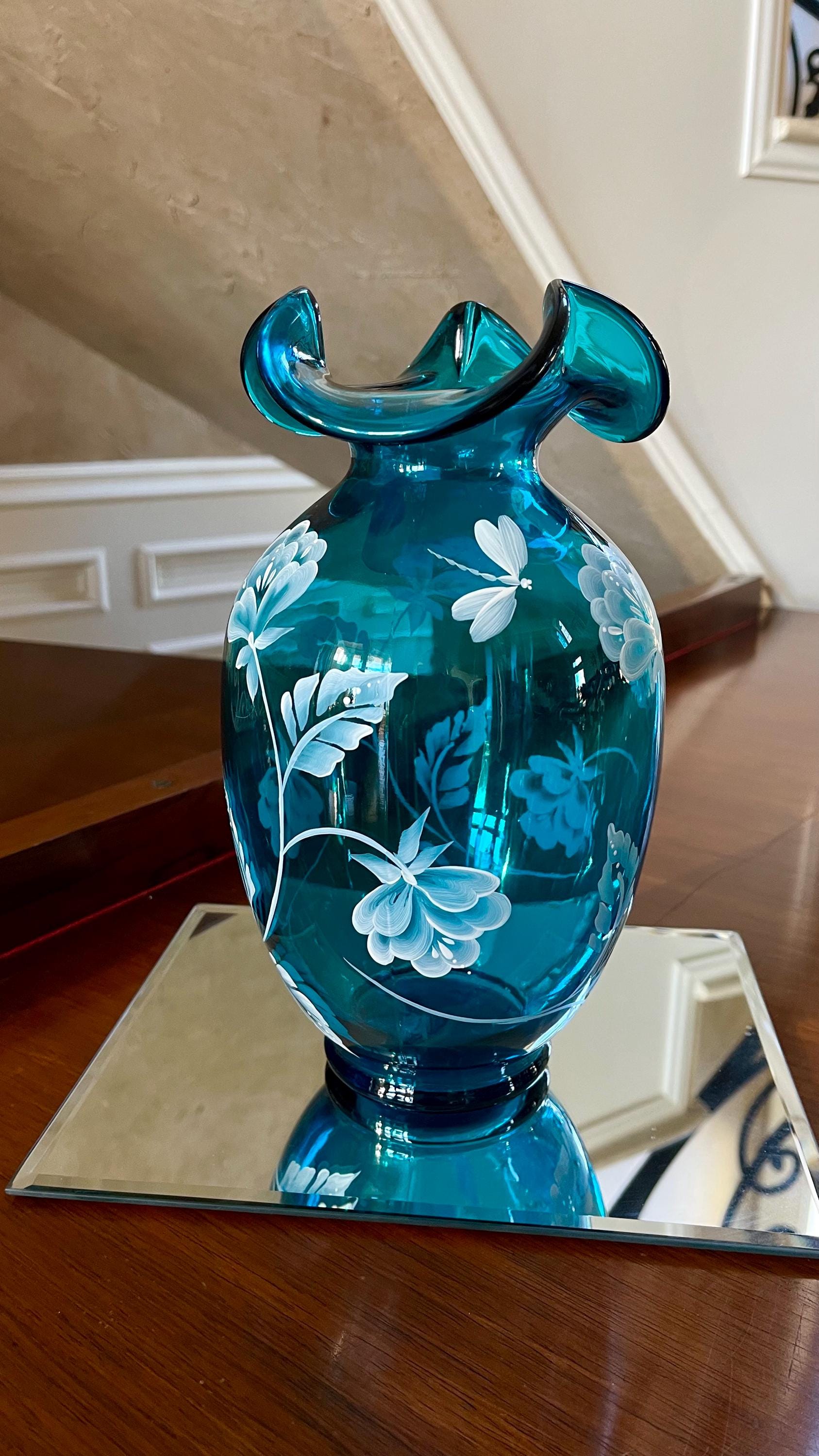 Bill Fenton Memorial Vase 1923-2002; Fenton Art Glass Turquoise Blue ...
