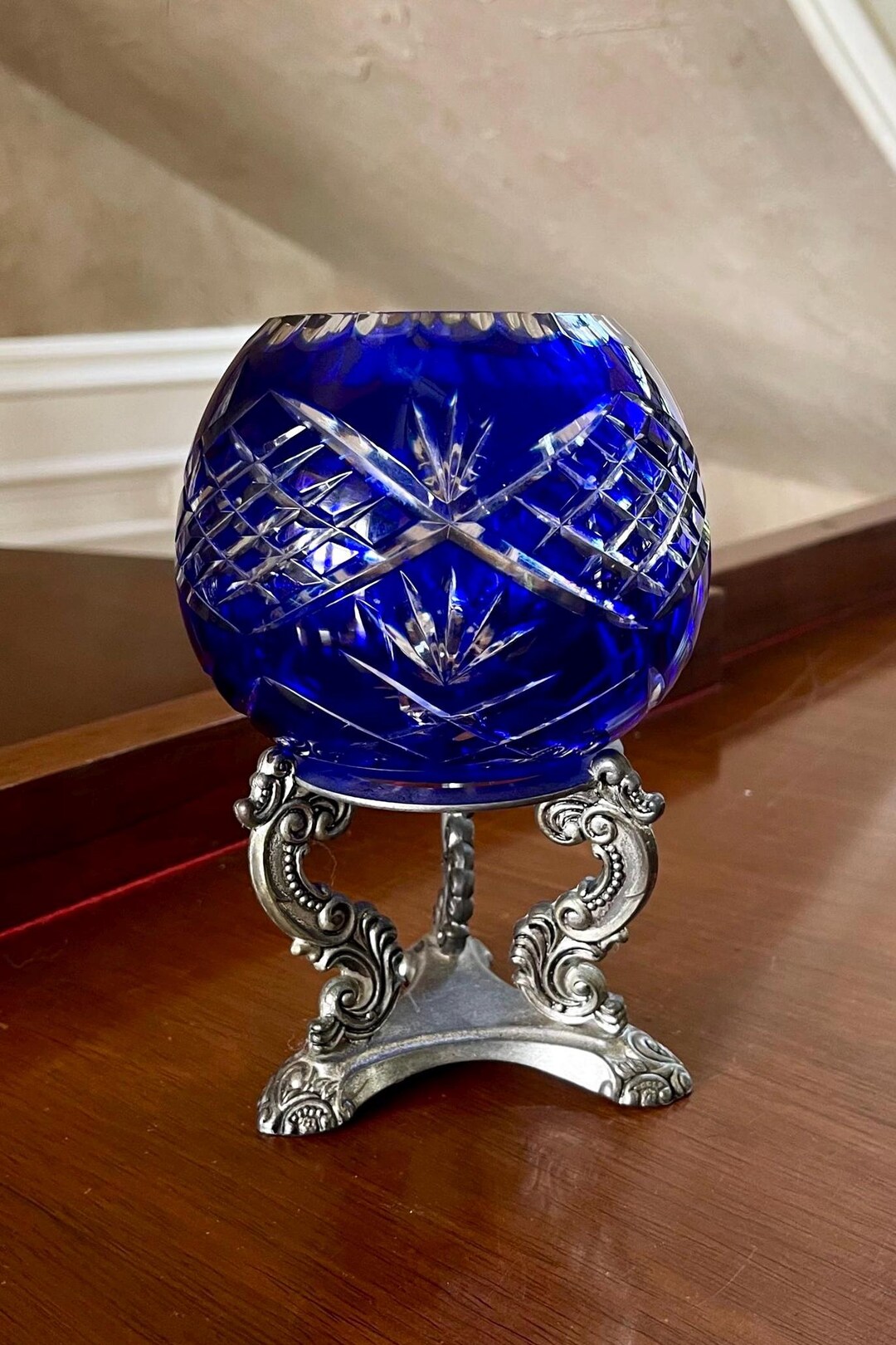 Hand Cut Cobalt Blue Godinger Crystal Rose Bowl With Stand; Crystal ...