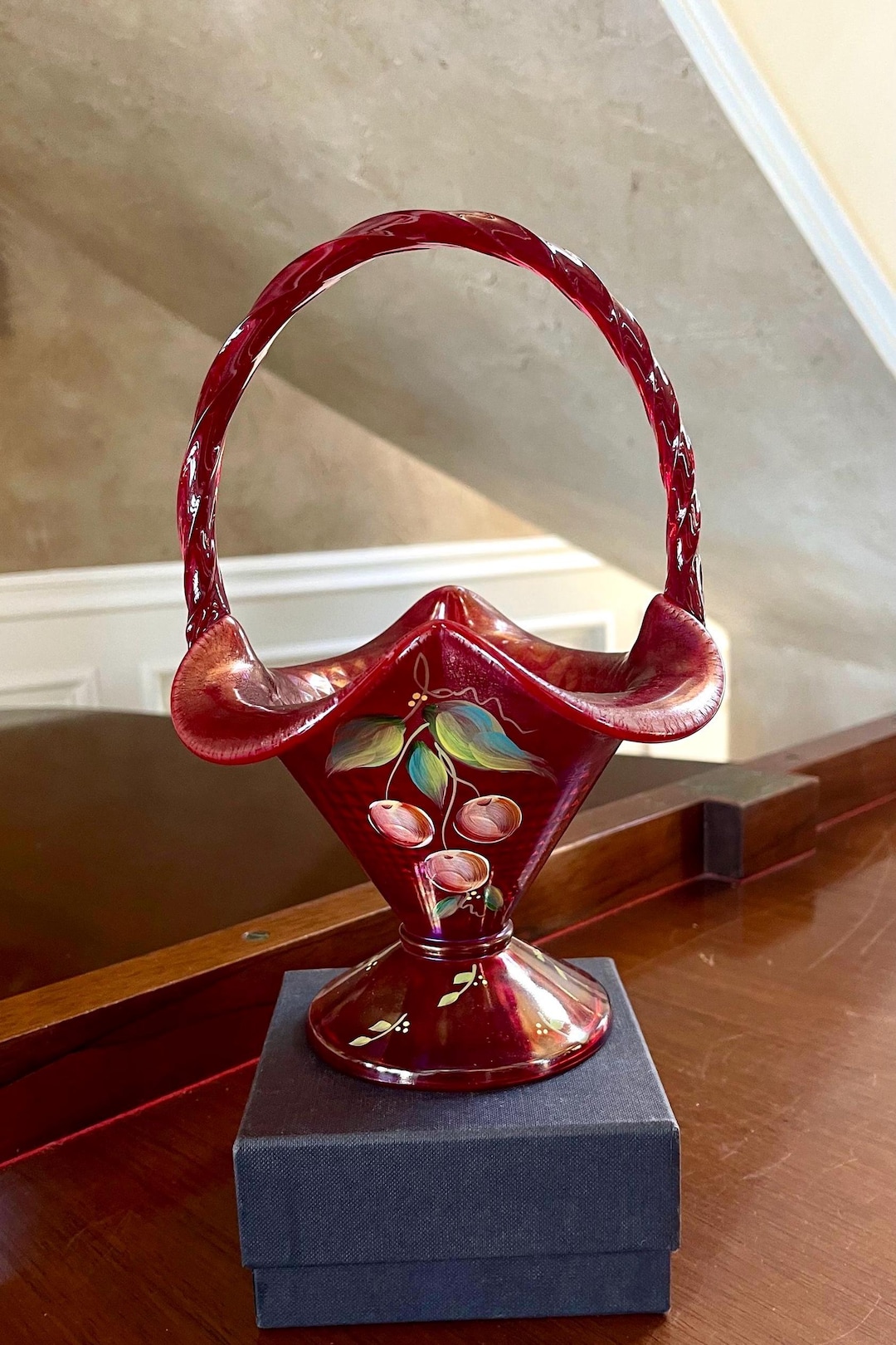 Fenton Ruby Red Amberina Stretch Glass Hand Painted Cherries Basket ...