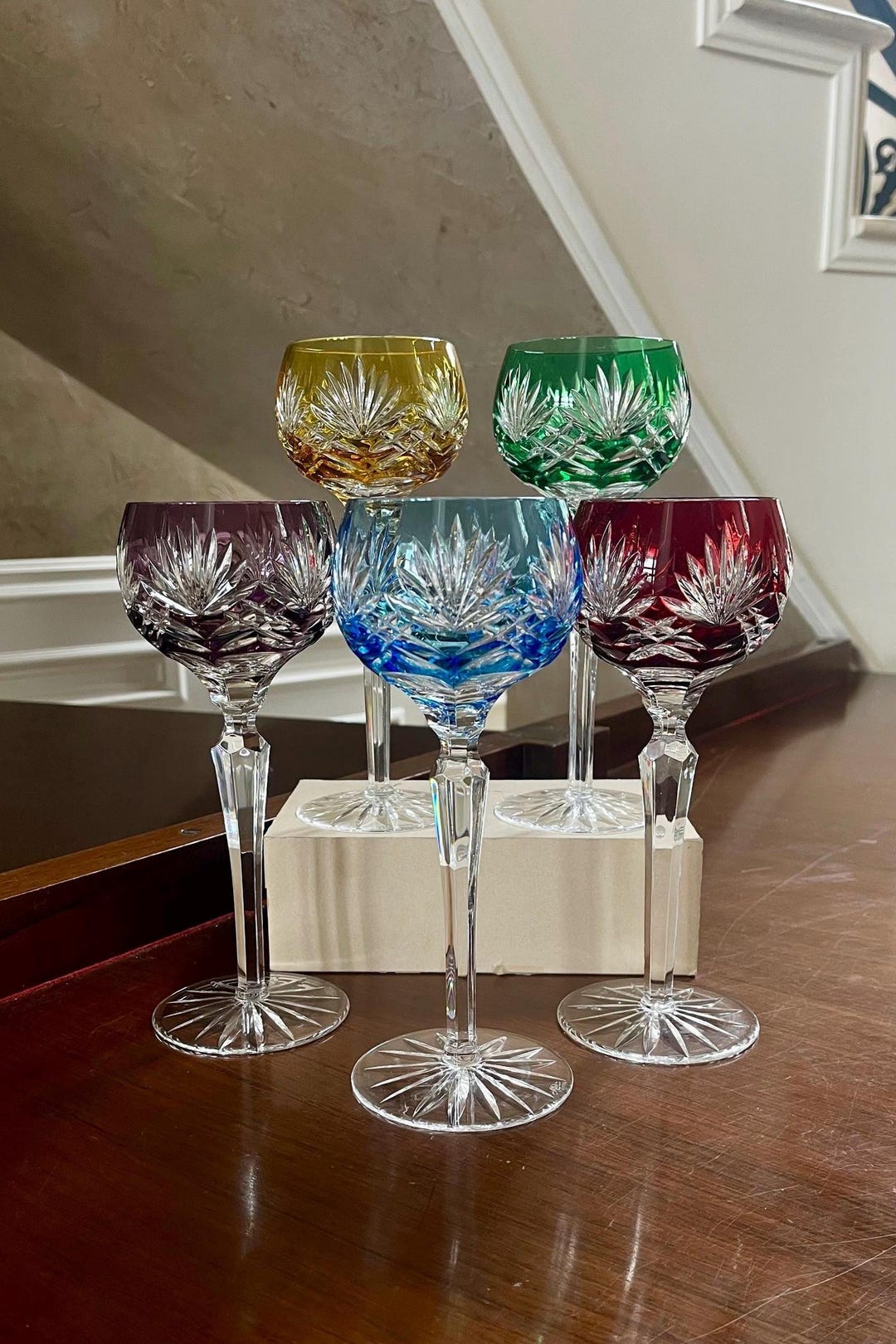 Set of 5 Ajka Caroline Nine Point Wine Hock Colored Crystal Cut to ...