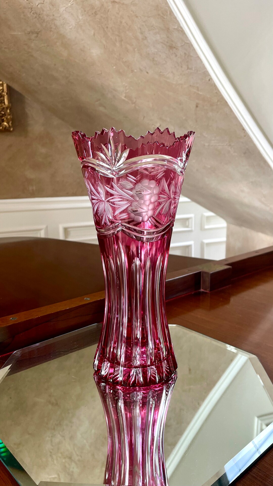 Bohemian Cranberry Lead Crystal Cut to Clear 12” Tall Vase - Etsy