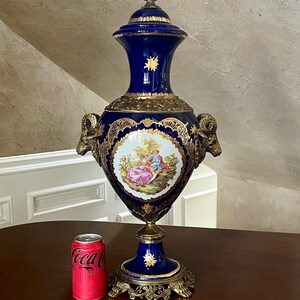 Pair of Cobalt Blue Sevres Style Urns 25” Tall With Brass Rams Head ...