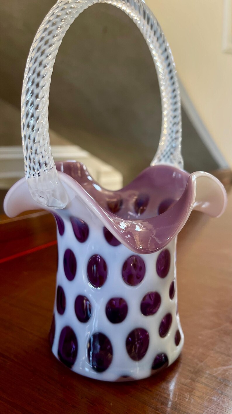 Fenton Glass Violet Purple Coin Dot Optic Opalescent Basket; Fenton ...