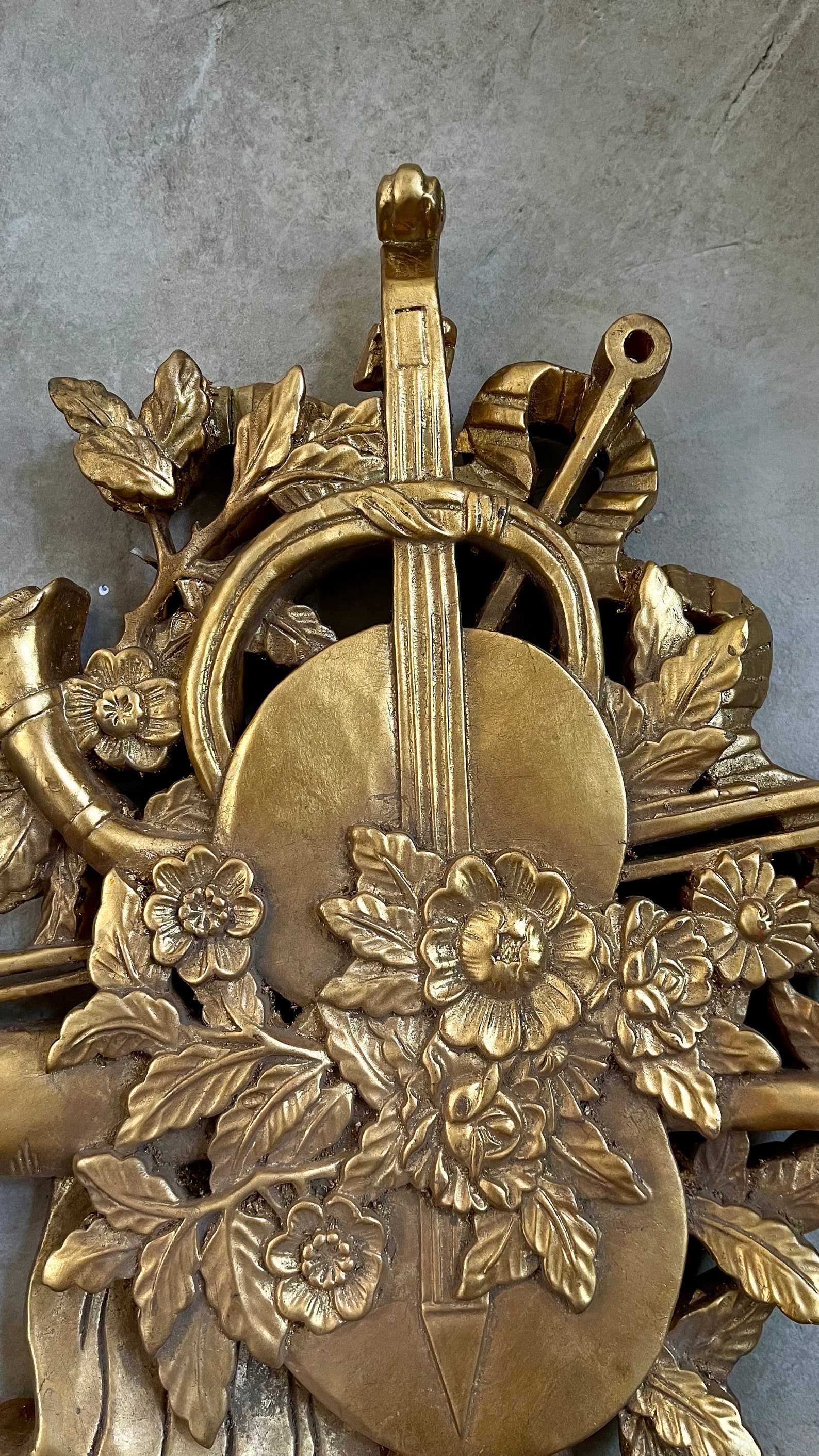 Ornate Large 20” Gold Gilded Carved Wooden Rococo Musical Instruments ...